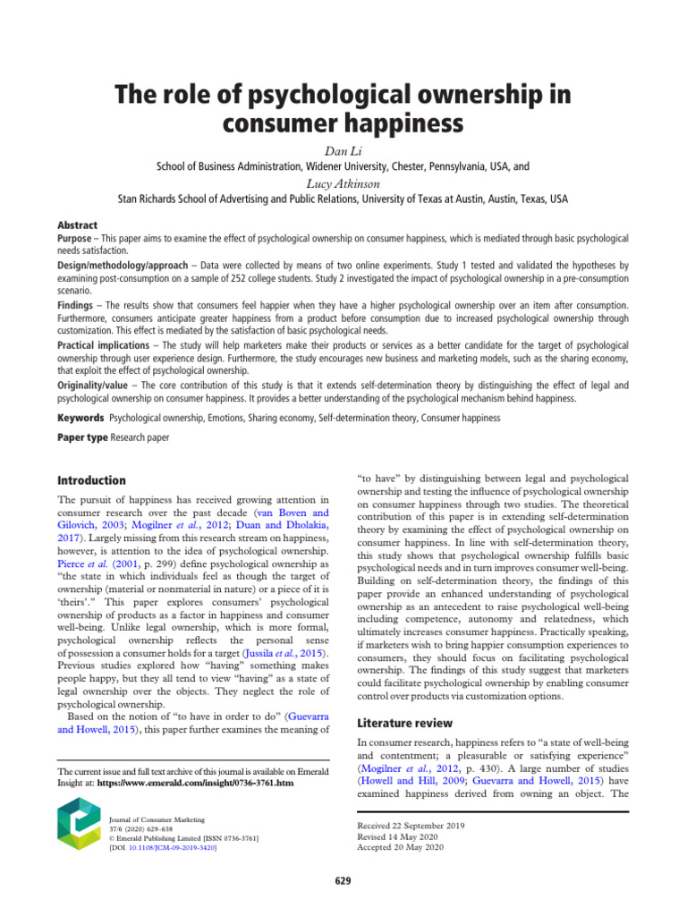 Psychological Ownership and Consumer Happiness | PDF | Happiness ...