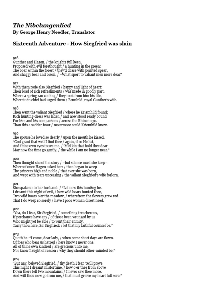 The Nibelungenlied How Siegfried Was Slain | PDF | Hunting