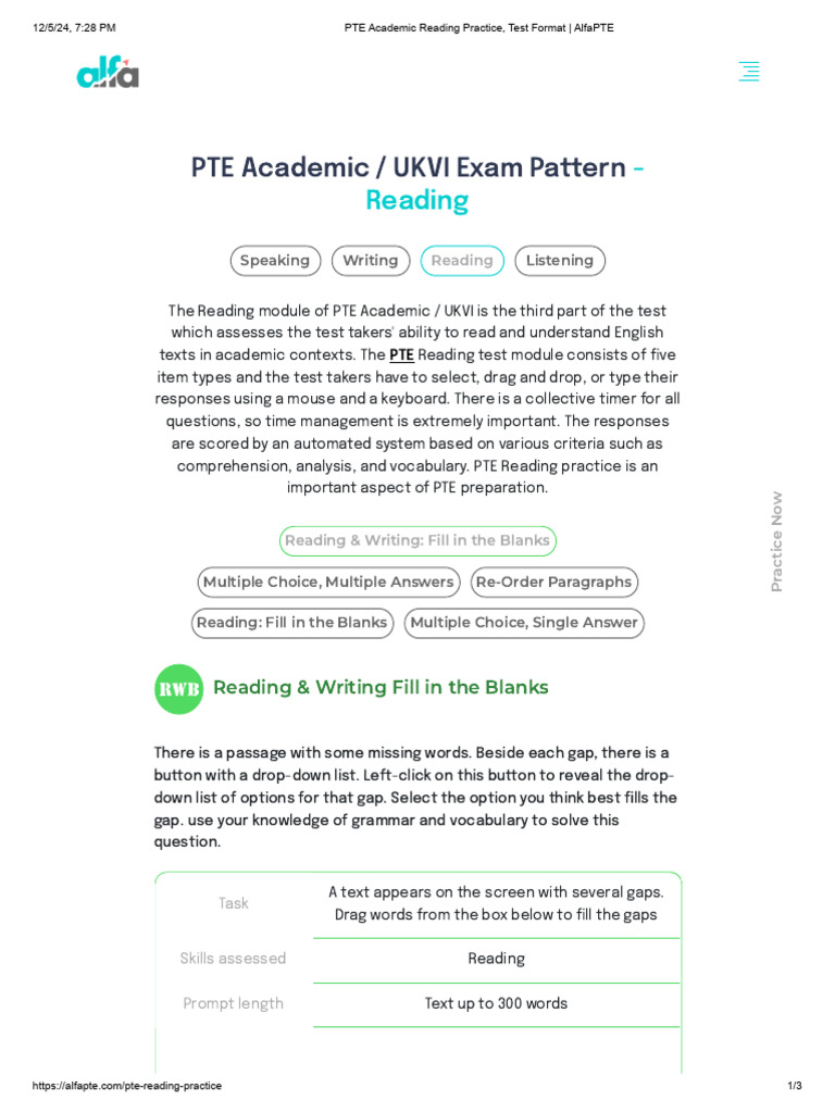 PTE Academic Reading Practice, Test Format - AlfaPTE | PDF | Multiple ...