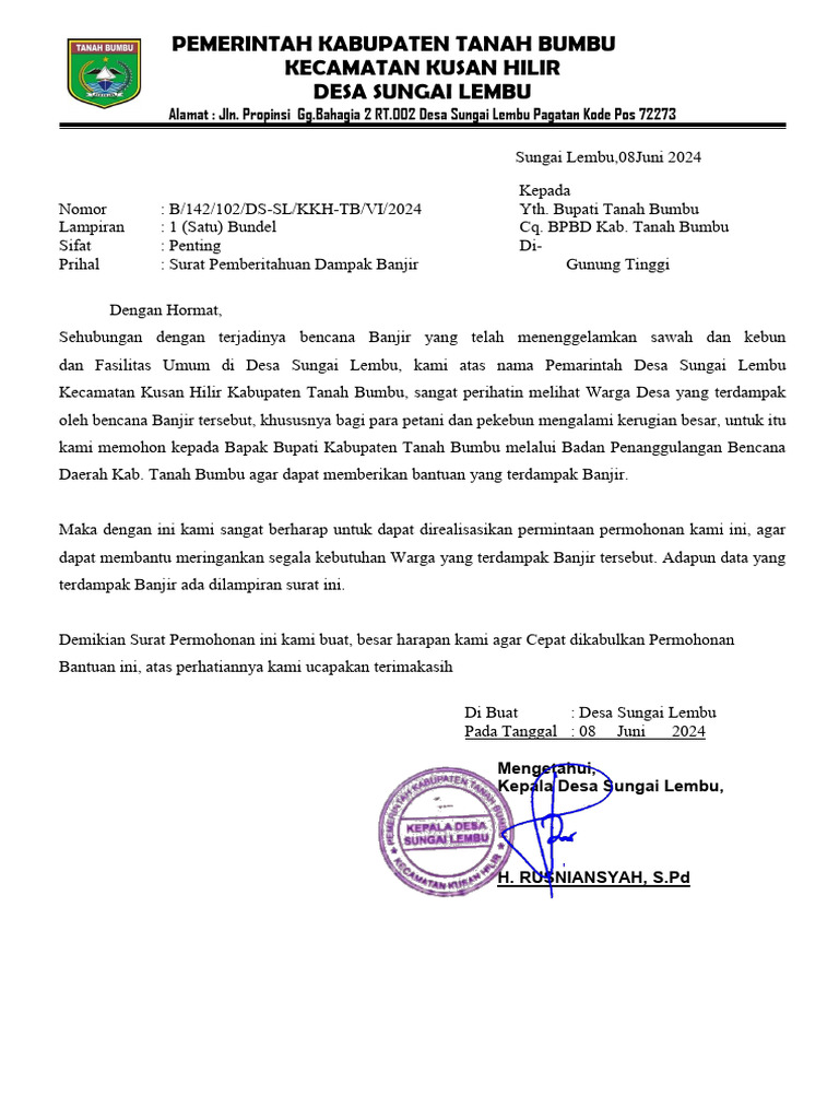 BPBD Tanbu. SURAT PERMOHONAN BANTUAN DAMPAK BANJIR | PDF