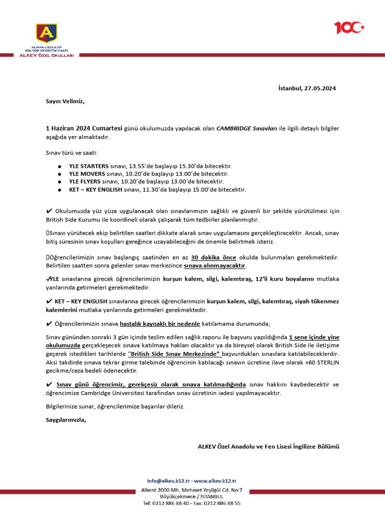 ORTAOKUL CAMBRIDGE Veli Bilgilendirme Yazisi | PDF