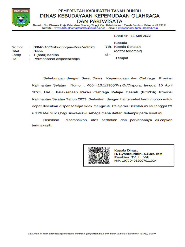 SURAT DISPENSASI POPDA | PDF