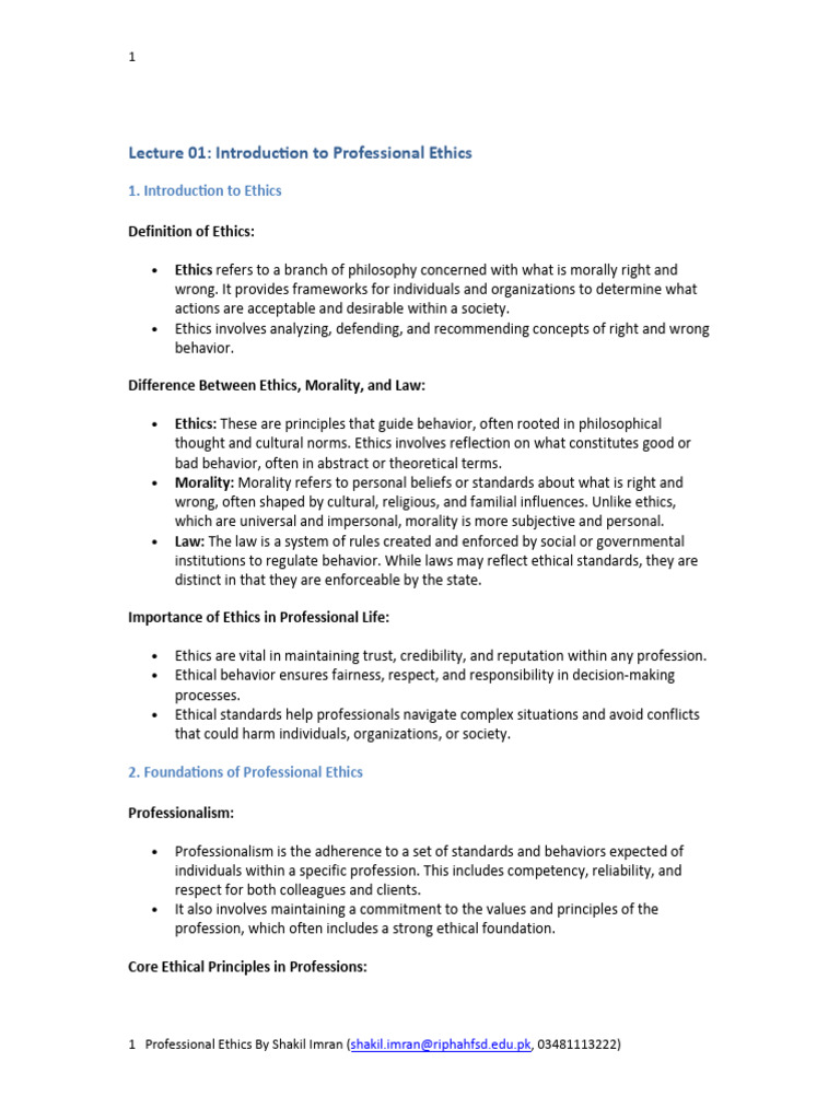 Professional Ethics Lecture 01 Pdf Morality Confidentiality