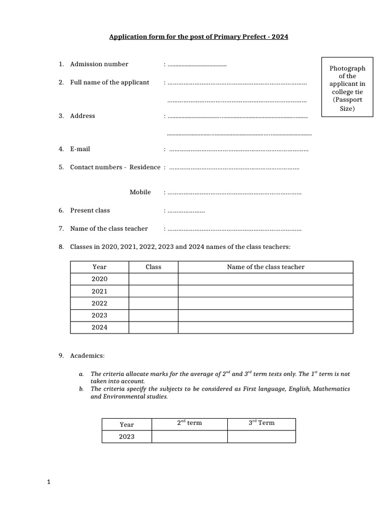 Primary Prefect Application 2024 | PDF