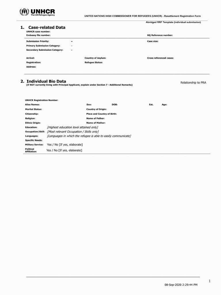 Unhcr Resettlement Registration Form | PDF | Refugee | United Nations ...