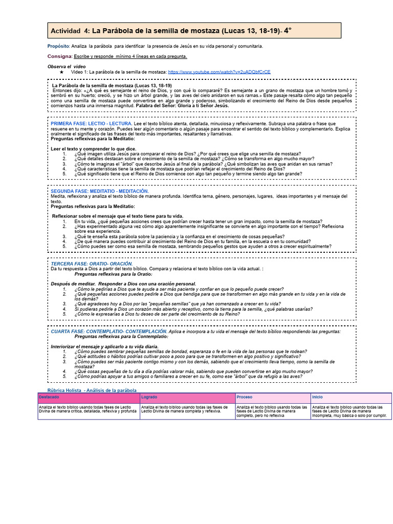 Actividades 4 - 4° - La Parábola de La Semilla de Mostaza | PDF ...