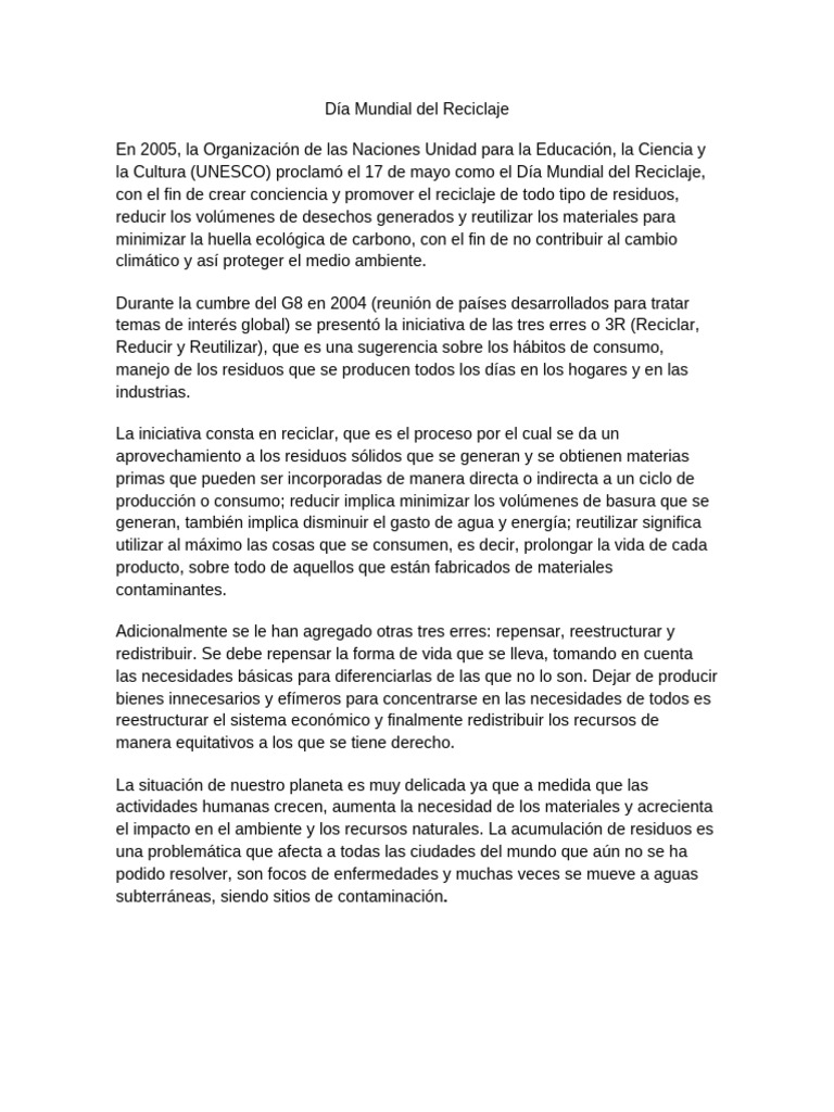 Día Mundial Del Reciclaje | PDF