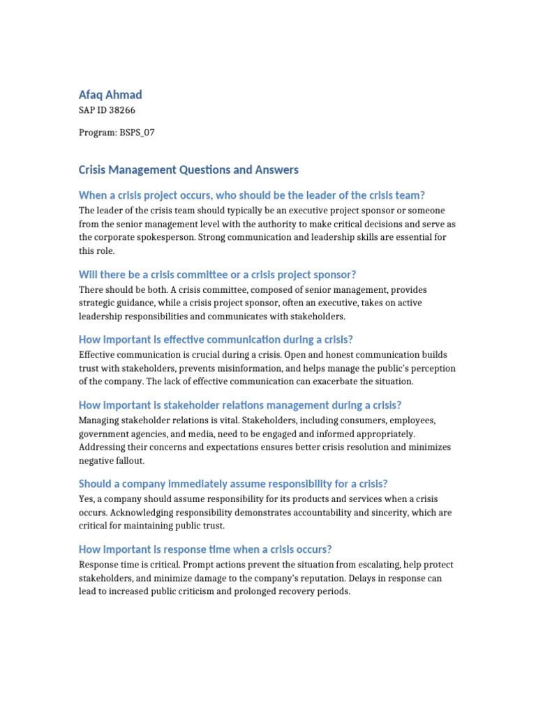 Crisis Management Questions Afaq Ahmad | PDF | Crisis Management ...