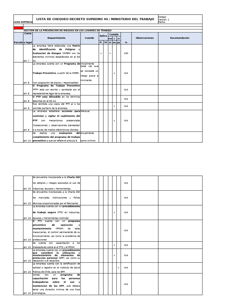 Check Lsit Lista de Chequeo DS 44 | PDF