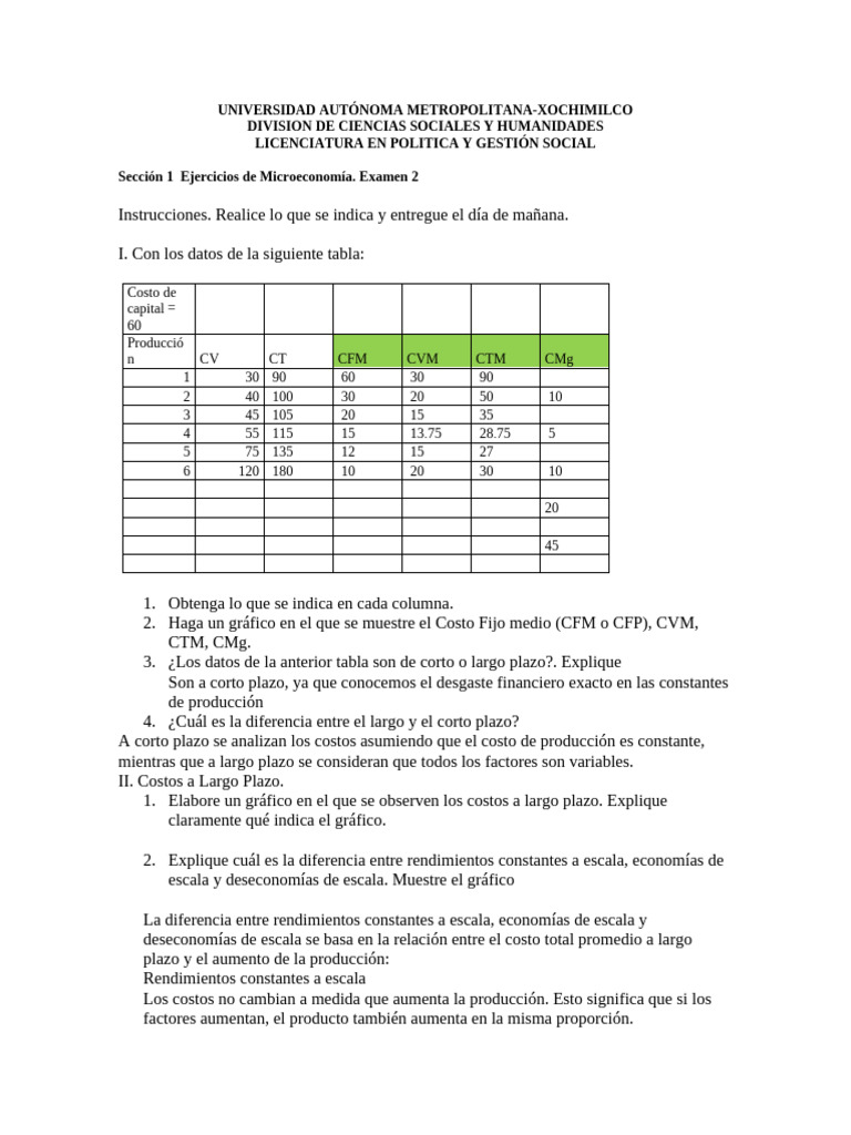 Tarea Tabla Costos Totales, Medios y Variables | PDF | Economías de escala | Economias