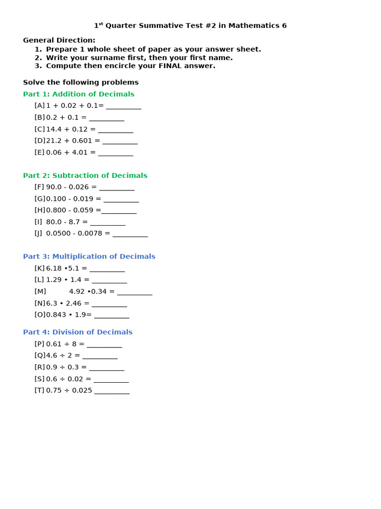 1st Quarter Mathematics Summative Test No.2 | PDF