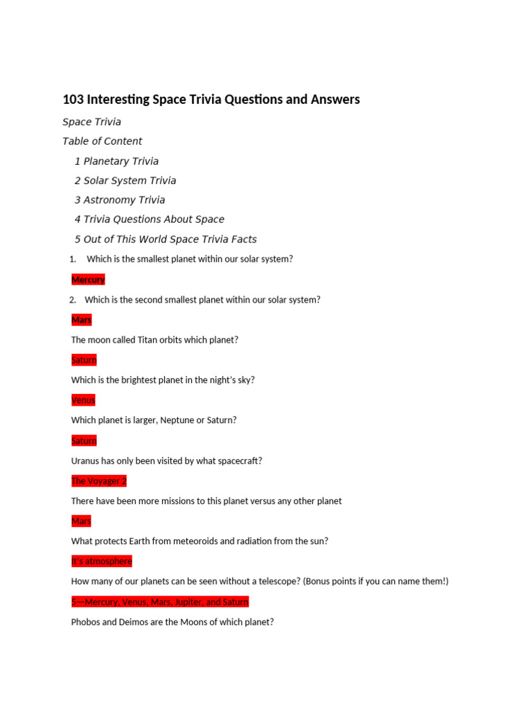 103 Interesting Space Trivia Questions and Answers | PDF | Planets ...