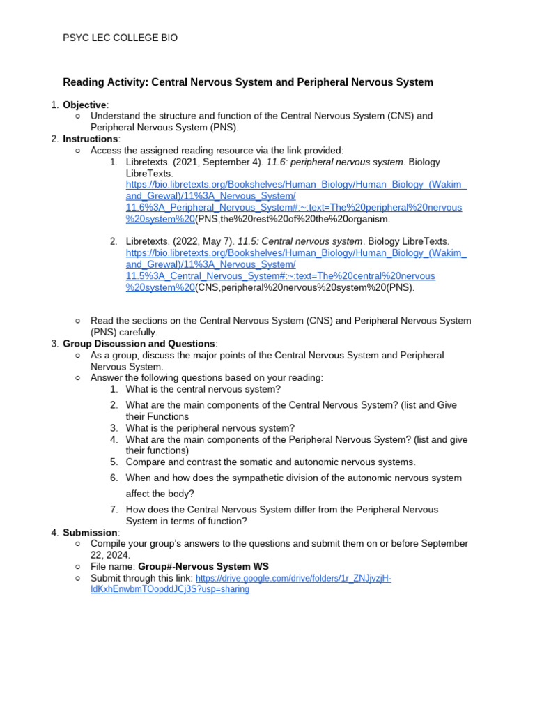 Reading Activity - Central Nervous System and Peripheral Nervous System ...