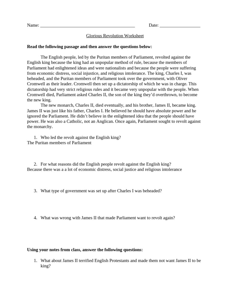 Glorious Revolution Worksheet Guide | PDF