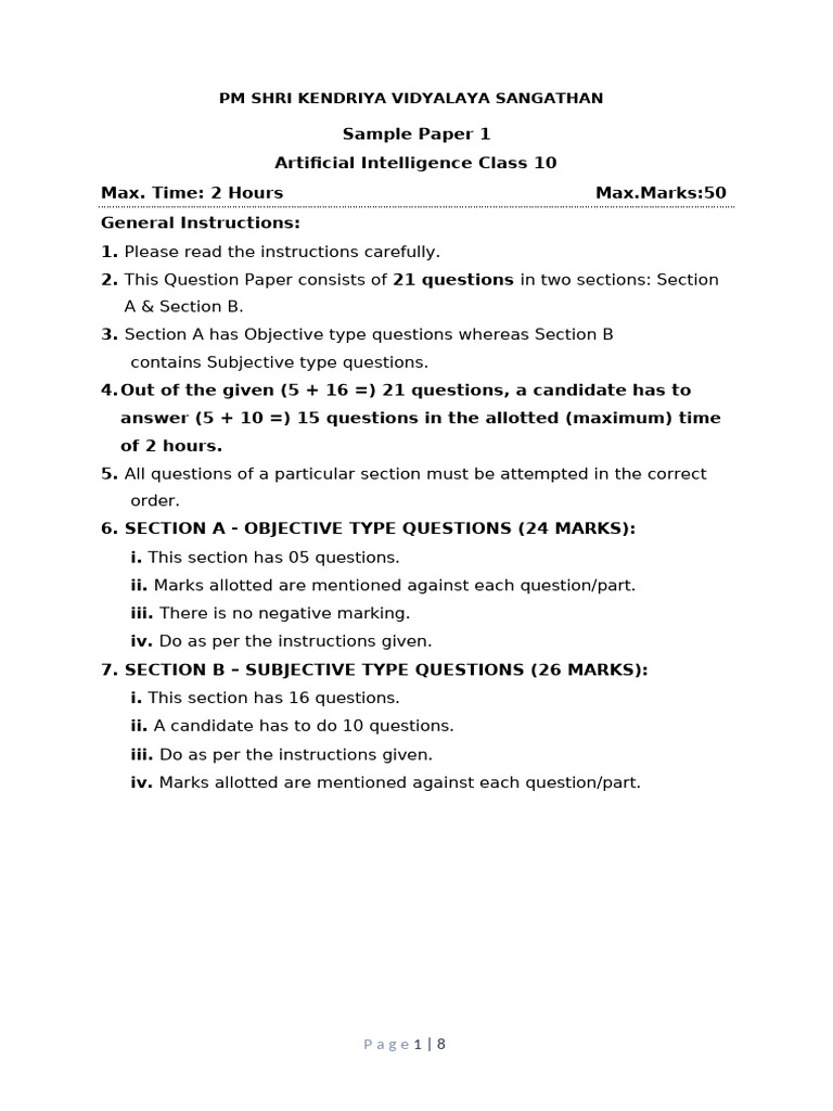Sample Paper 1 AI Class 10 | PDF | Artificial Intelligence ...