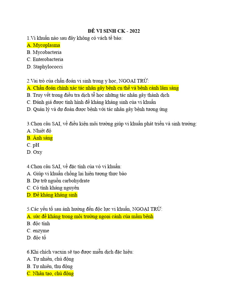 TỔNG HỢP ĐỀ CK VI SINH | PDF