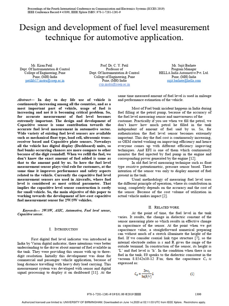 Design and Development of Fuel Level Measurement Technique For ...
