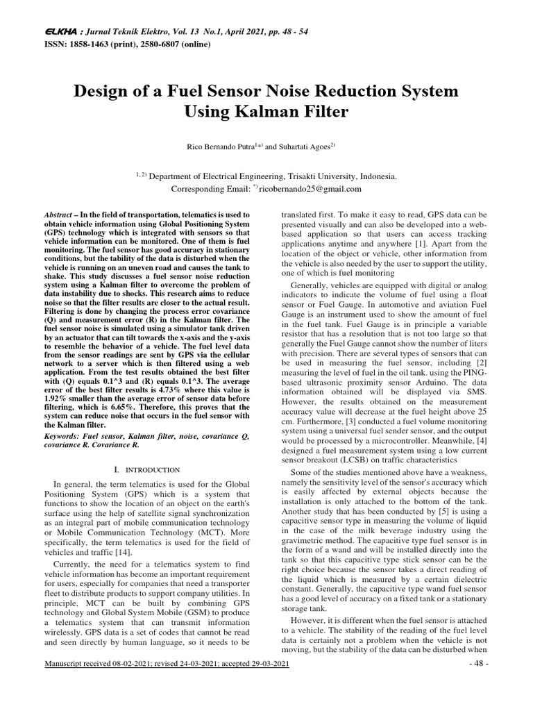 Design of A Fuel Sensor Noise Reduction System Using Kalman Filter | PDF | Kalman Filter ...