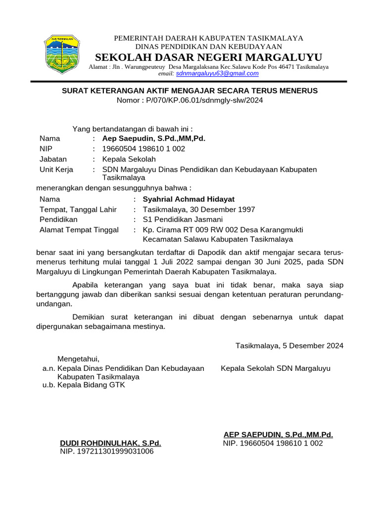 Format Suket Aktif Mengajar Terus Menerus PPPK 2024 - Guru Syahrial | PDF
