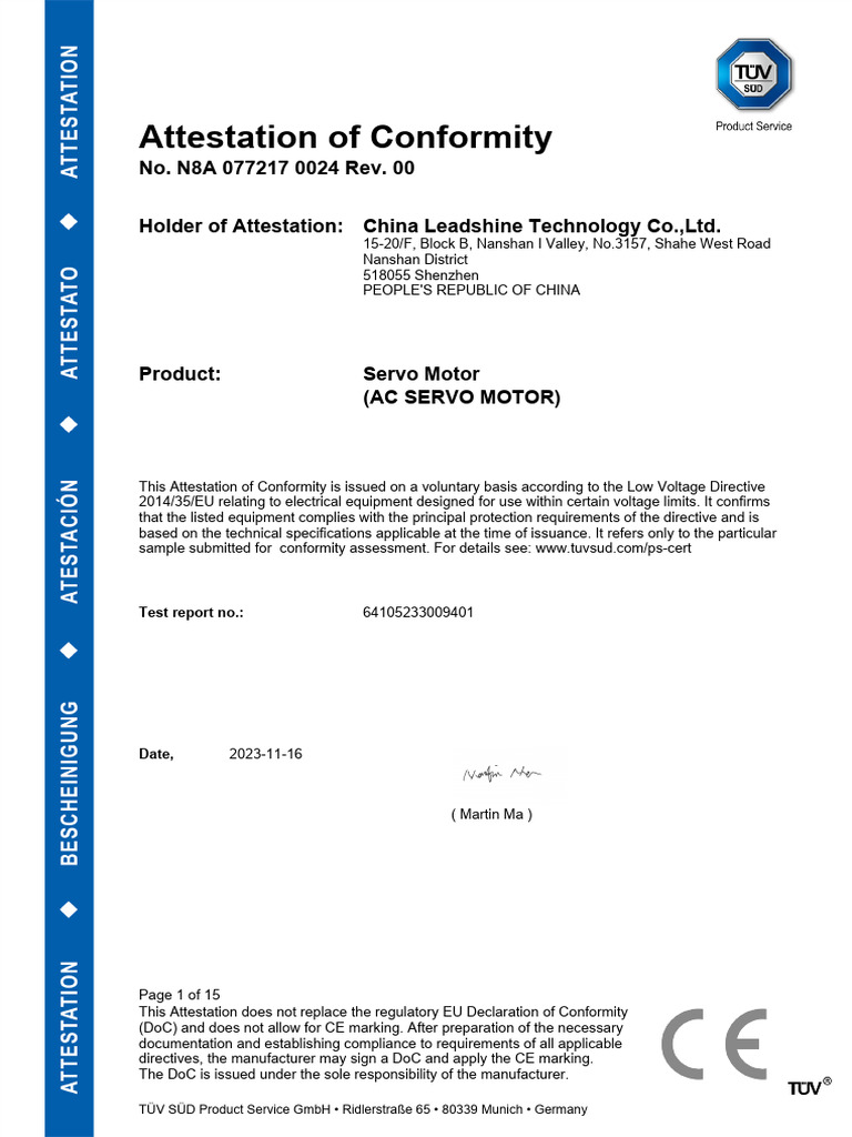 Attestation of Conformity for Servo Motors | PDF | Electrical ...