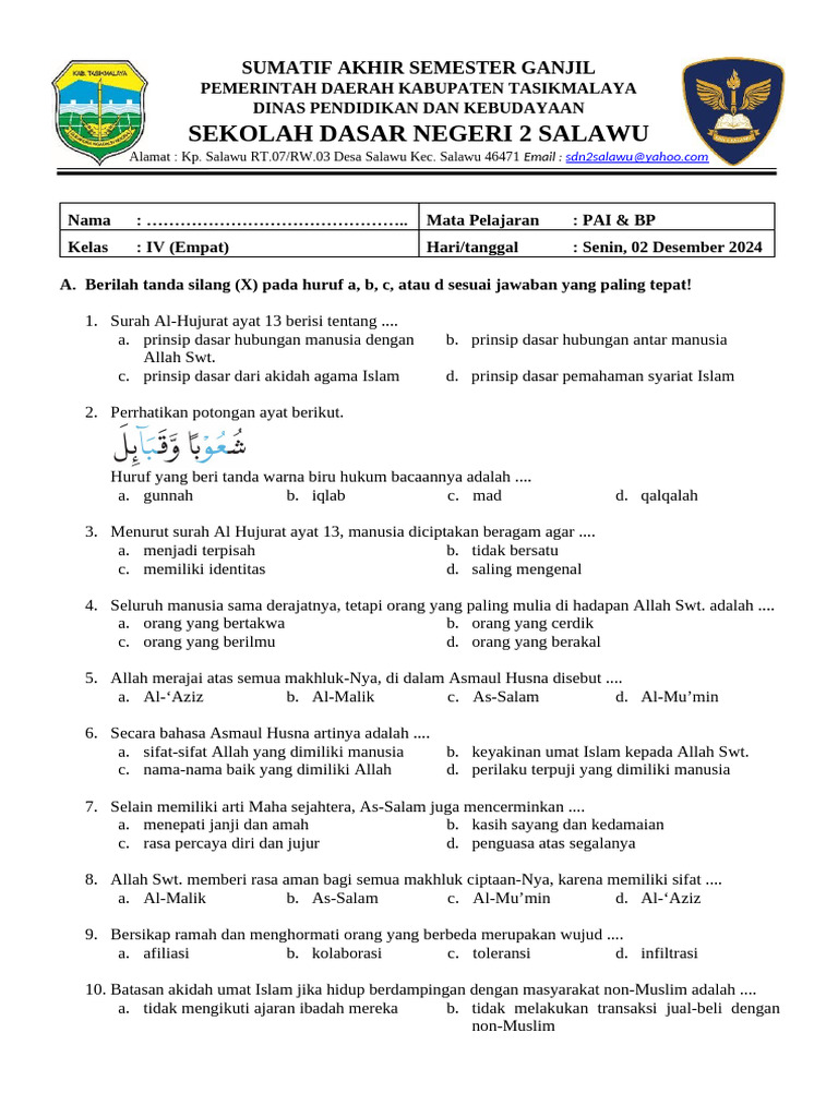 Soal Asas Ganjil PAI Kelas 4 | PDF