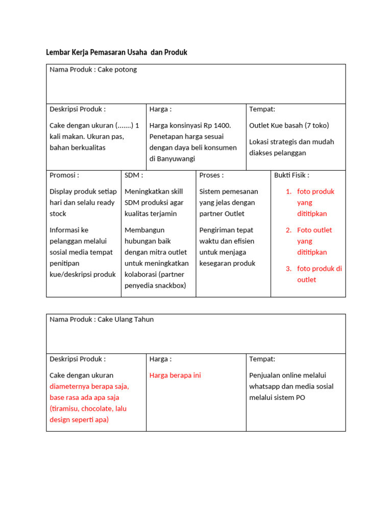 Lembar Kerja Pemasaran Usaha Dan Produk | PDF