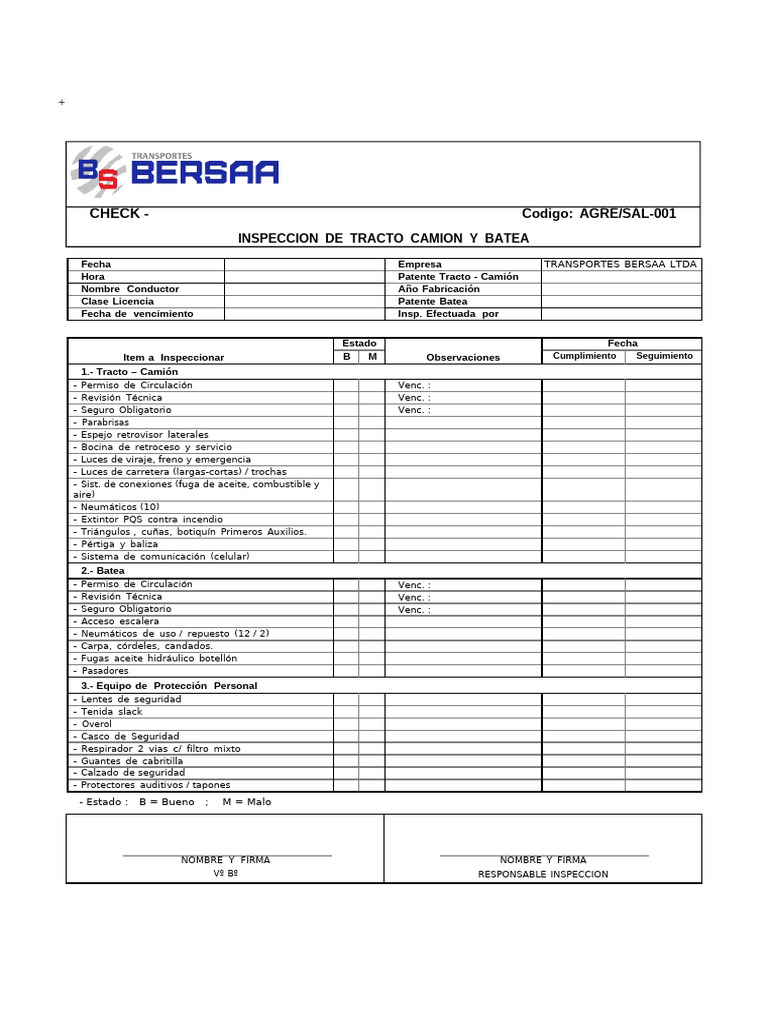 Check List Tractor y Batea | PDF | Transporte | Tecnología de vehículos