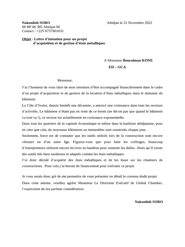 Lettre d'intention projet ETAIS METALLIQUES | PDF