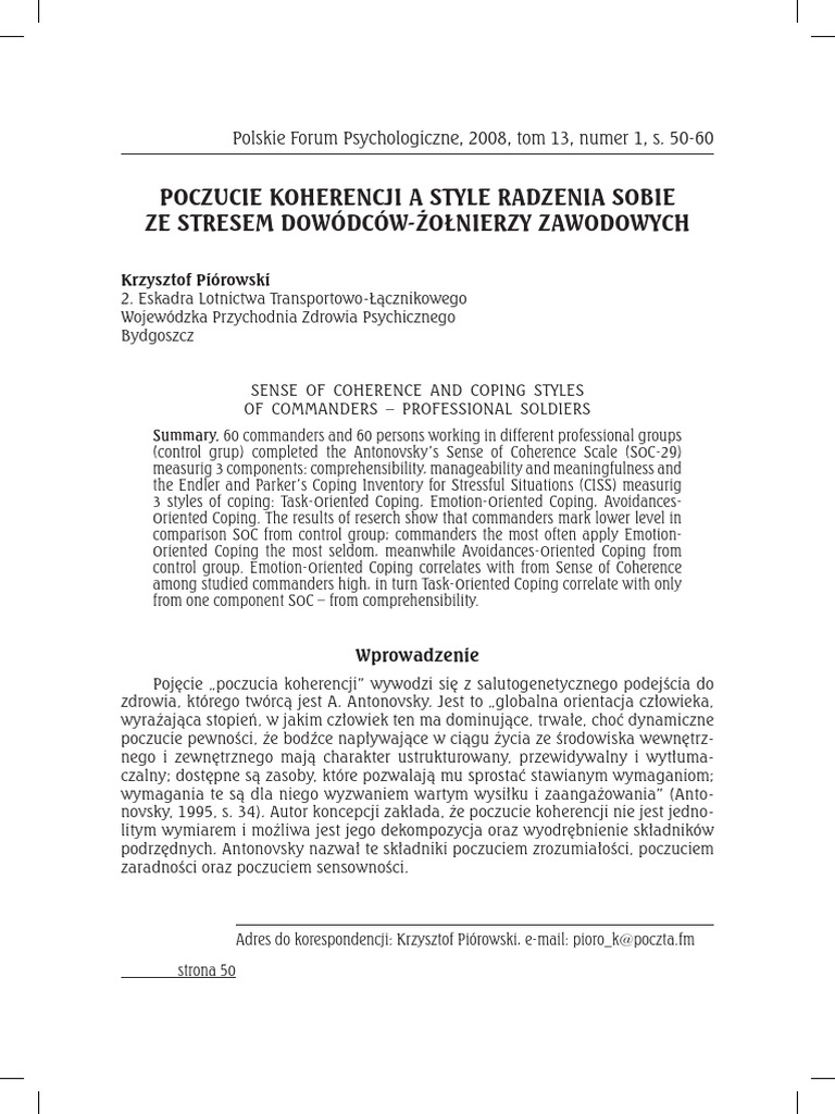 Krzysztof Piorowski Poczucie Koherencji A Style Radzenia Sobie Ze Stresem Dowodcow Zolnierzy ...