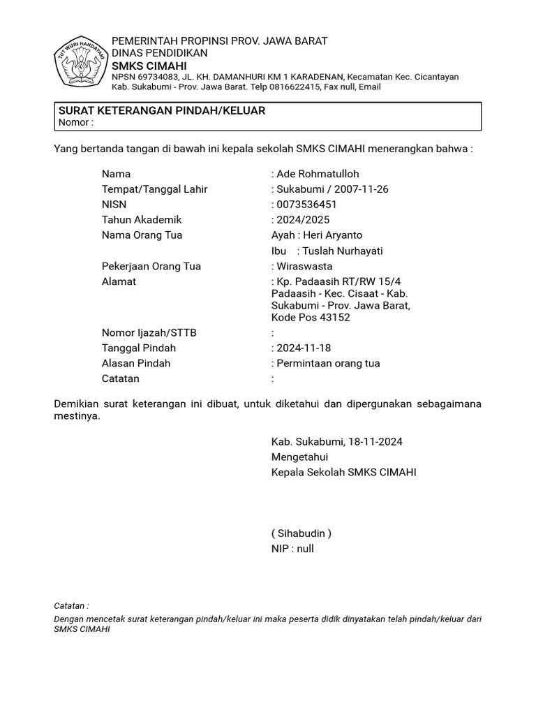 Surat Mutasi Ade Rahmatullah | PDF