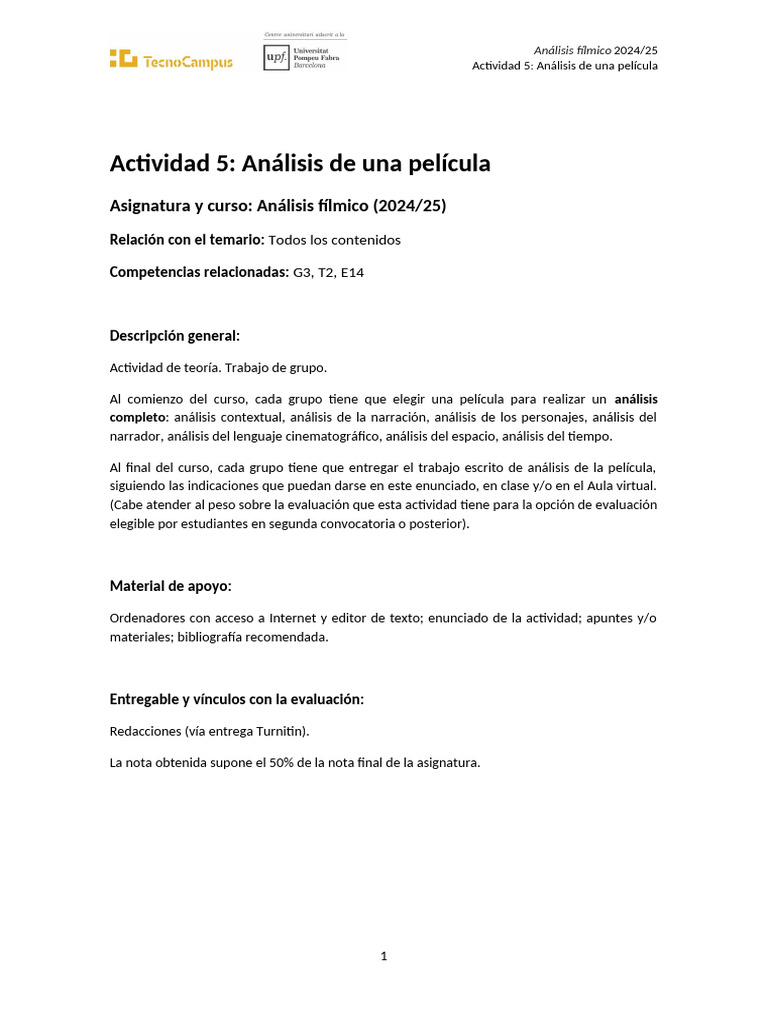 Enunciado AF 2024-25 - Actividad 5 AnÃ¡lisis de Una Pelã Cula | PDF | Citación | Narración