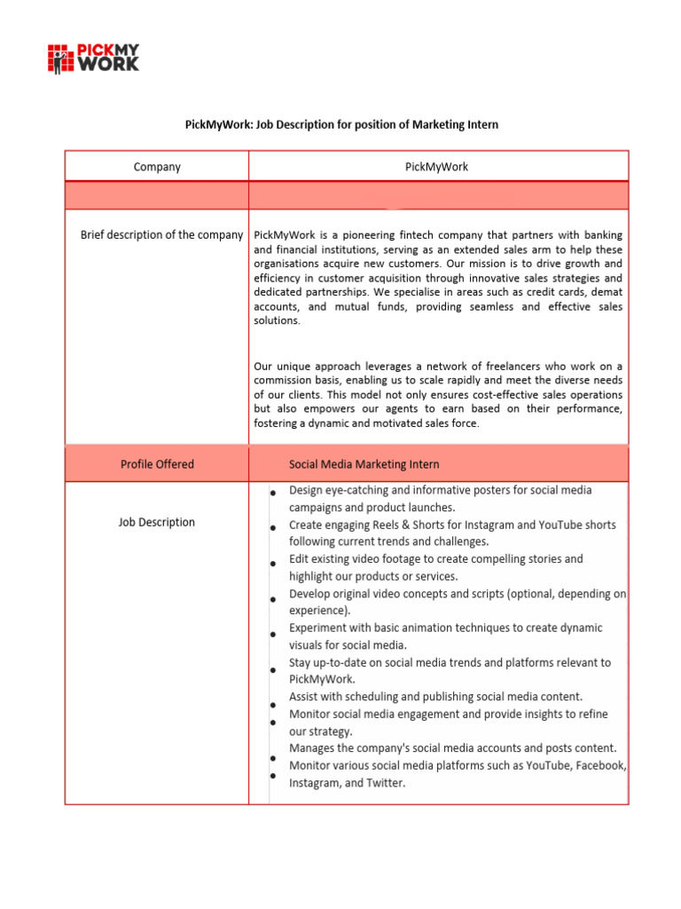 JD - Marketing Intern - PickMyWork - IMI | PDF | Social Media | Popular Culture & Media Studies