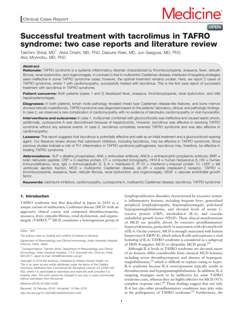 Successful Treatment With Tacrolimus in TAFRO Syndrome Two Case Reports ...