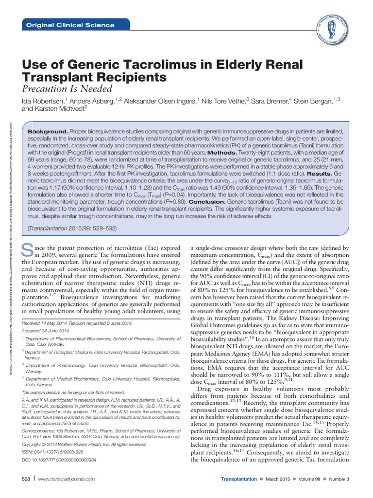 Use of Generic Tacrolimus in Elderly Renal Transplant Recipients | PDF ...