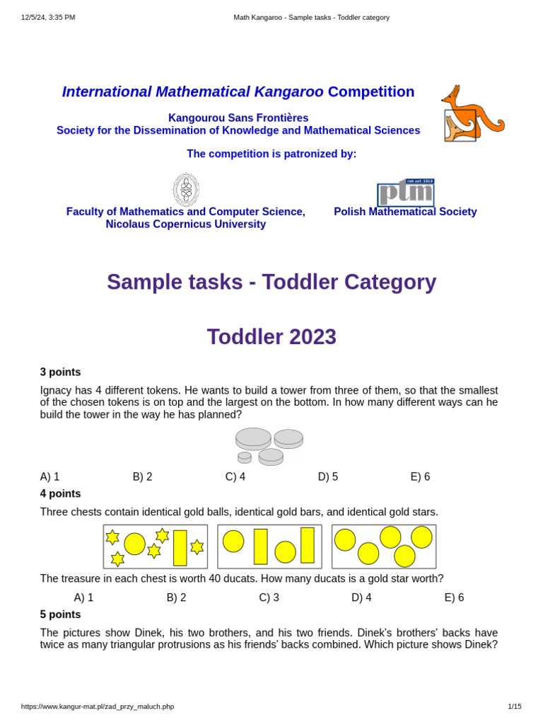 Math Kangaroo - Sample Tasks - Toddler Category | PDF