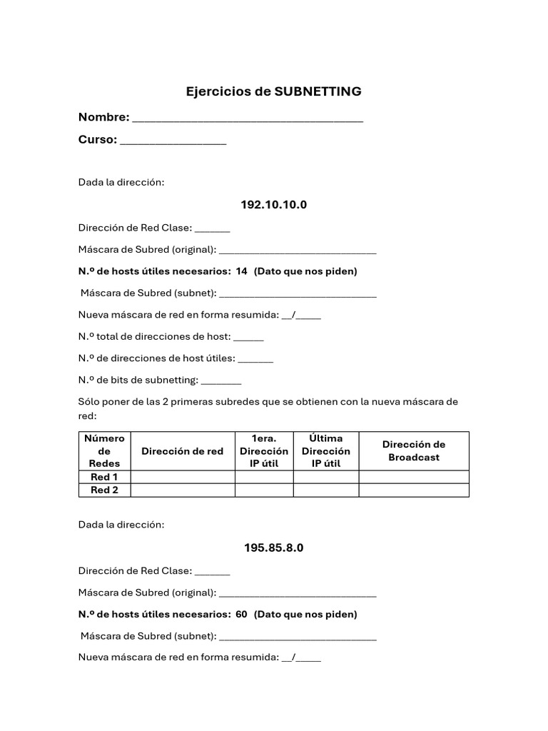 Ejercicios de SUBNETTING (1) | PDF | Dirección IP | Estándares de internet
