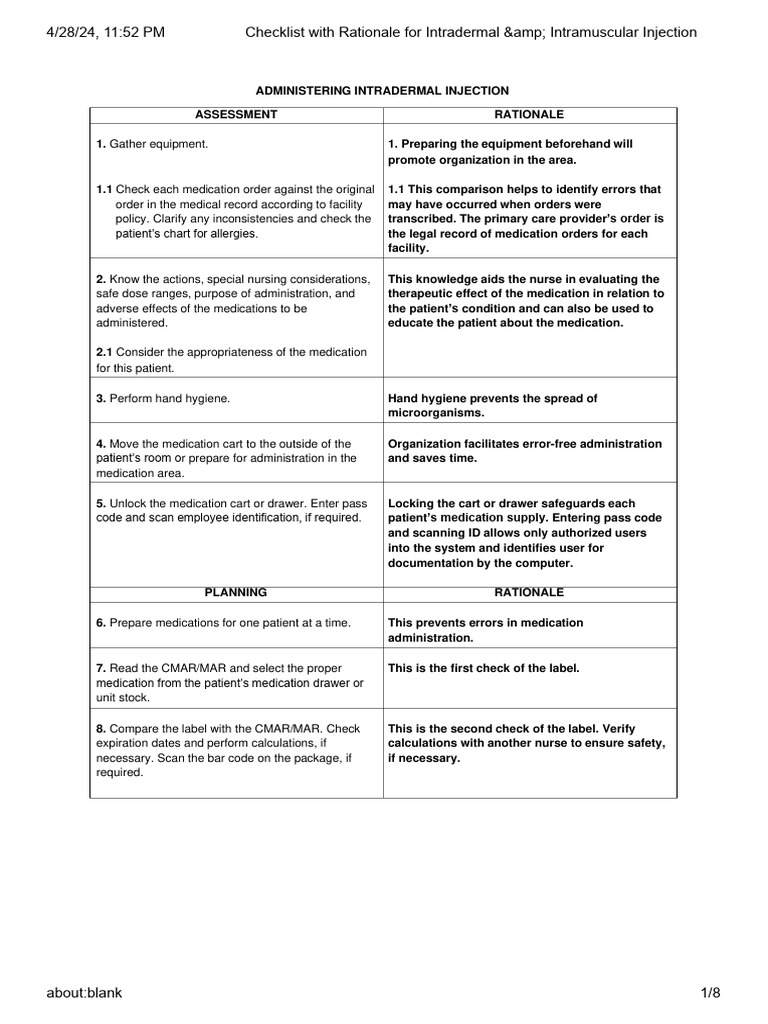 Intradermal Injection Procedure Checklist | PDF | Injection (Medicine ...