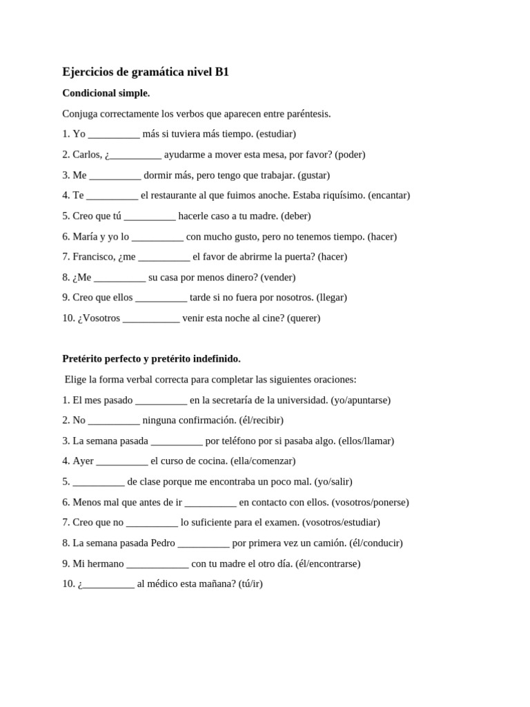 Ejercicios de Gramática Nivel B1 | PDF | Verbo