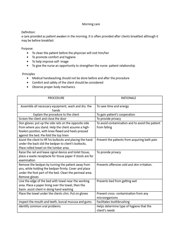 Morning Care and Bedpan Procedures | PDF | Hand Washing | Hygiene