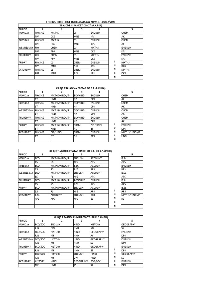 5 Period Time Table For X & Xii | PDF