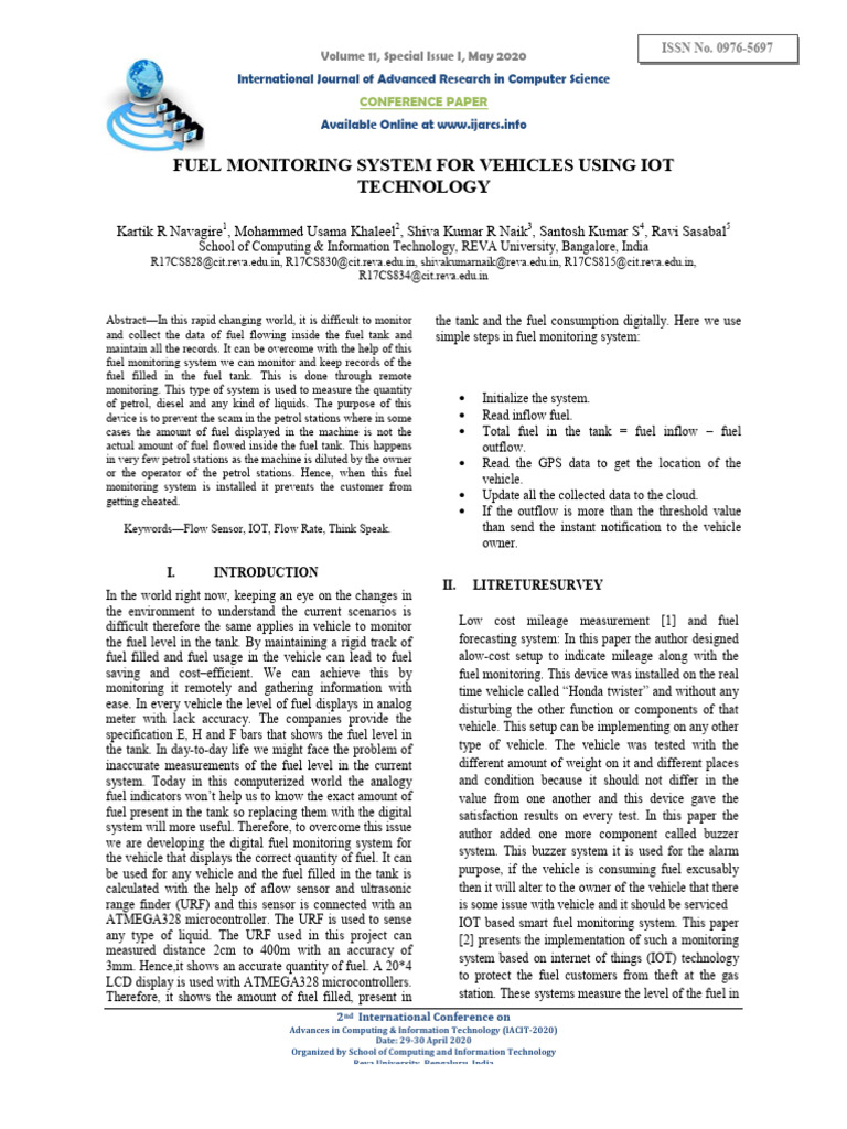 Fuel Monitoring System For Vehicles Using Iot Technology | PDF ...