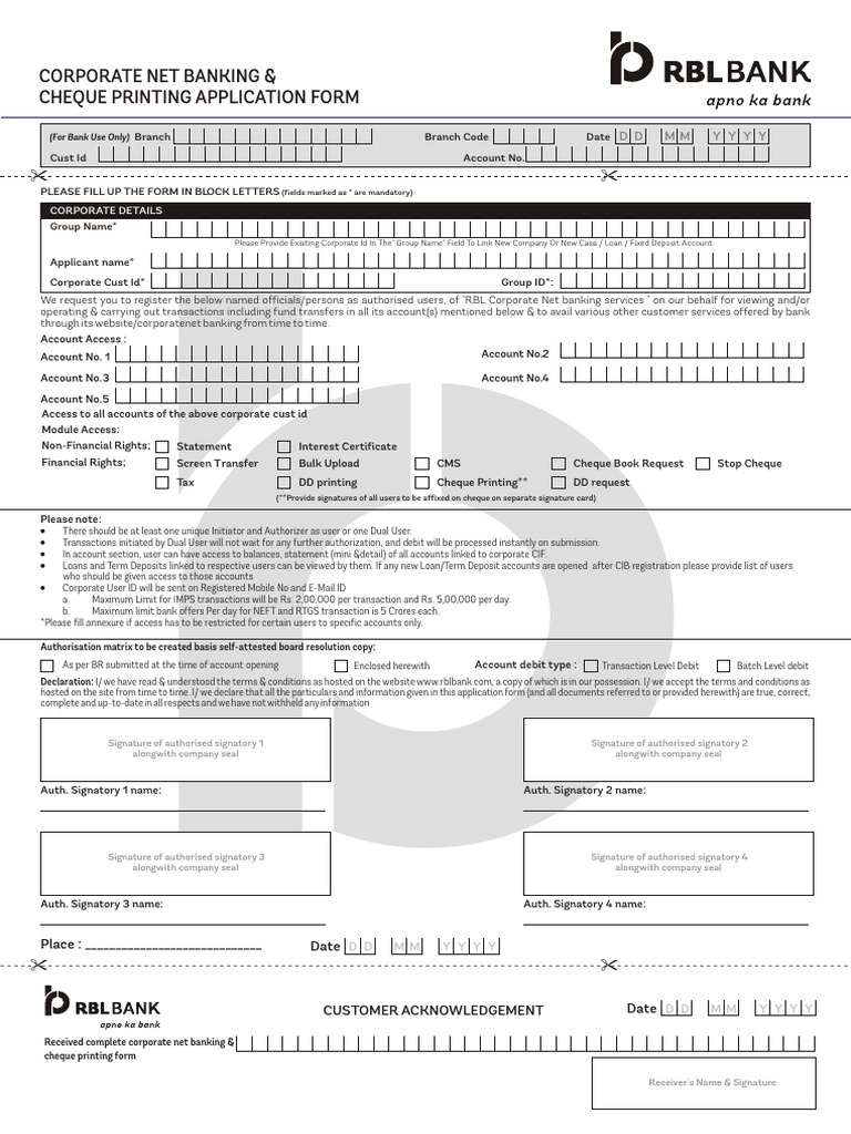 RBL Corporate Net Banking Application Form | PDF | Banks | Cheque