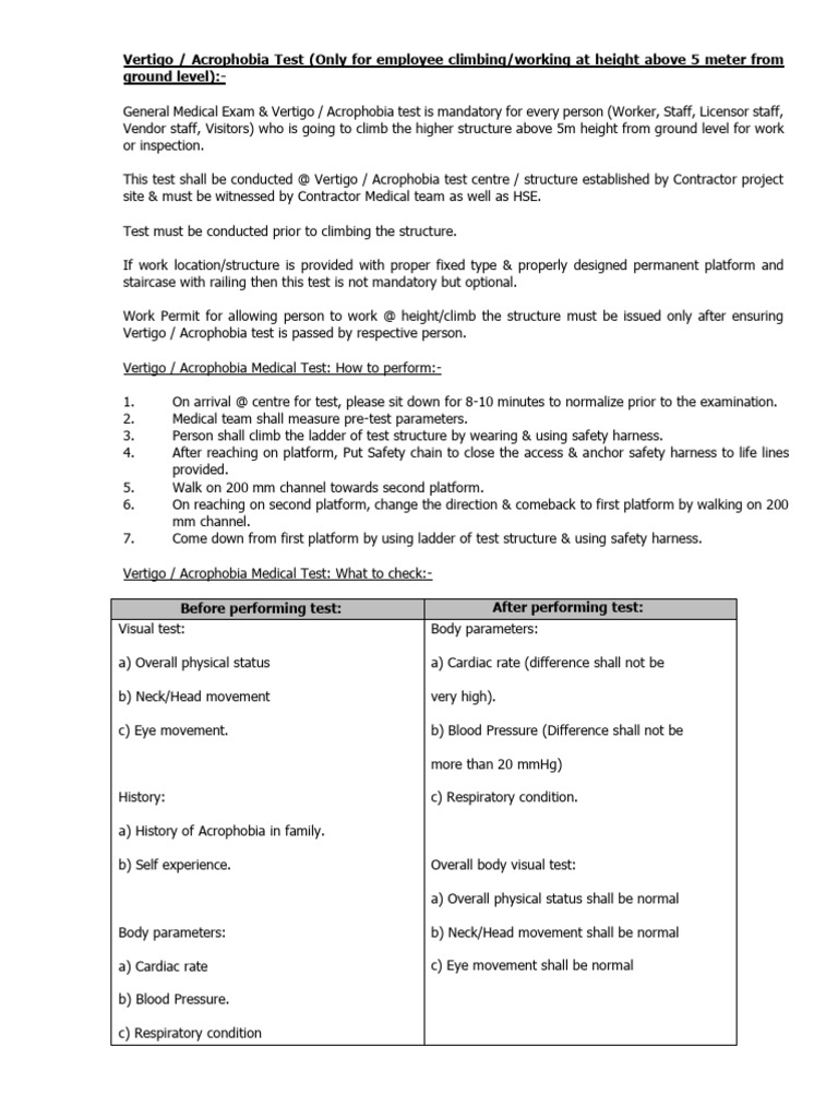 Acrophobia Test for Working at Heights | PDF | Heart Rate | Blood Pressure