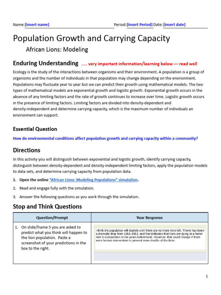 Growth and Carrying Capacity Student Sheet | PDF | Logistic Function ...