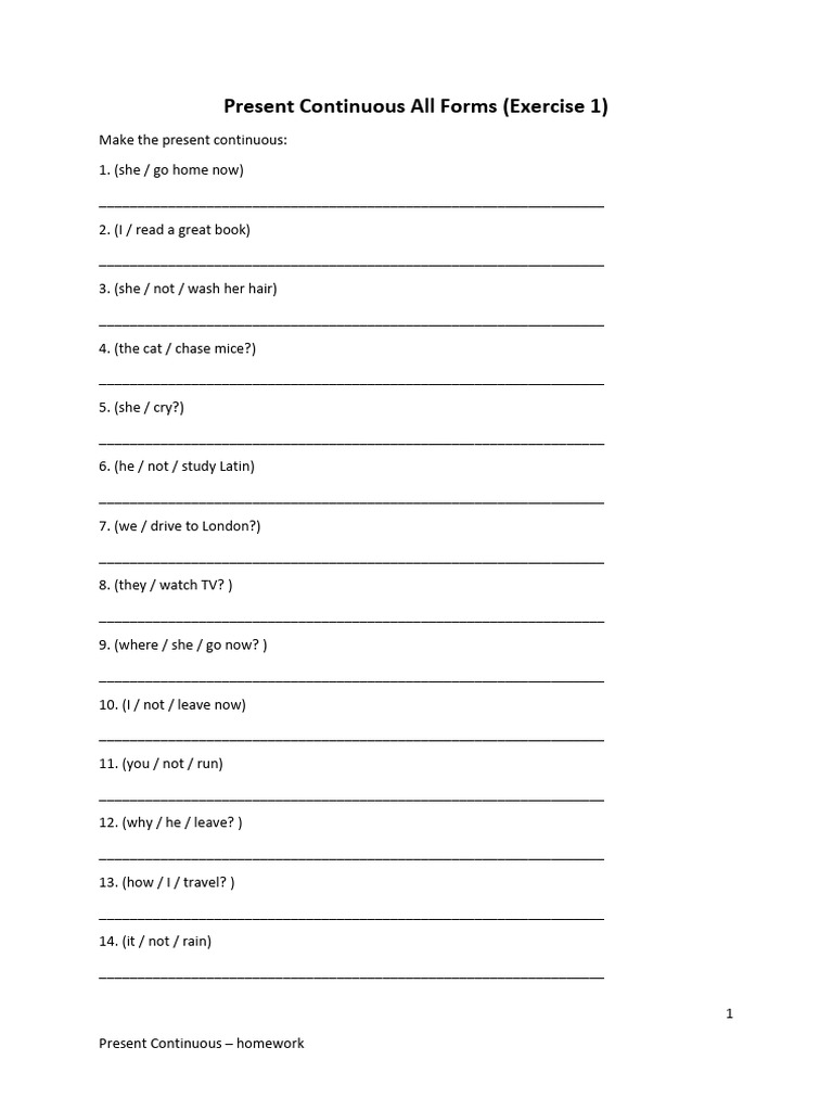 Present Continuous homework | PDF