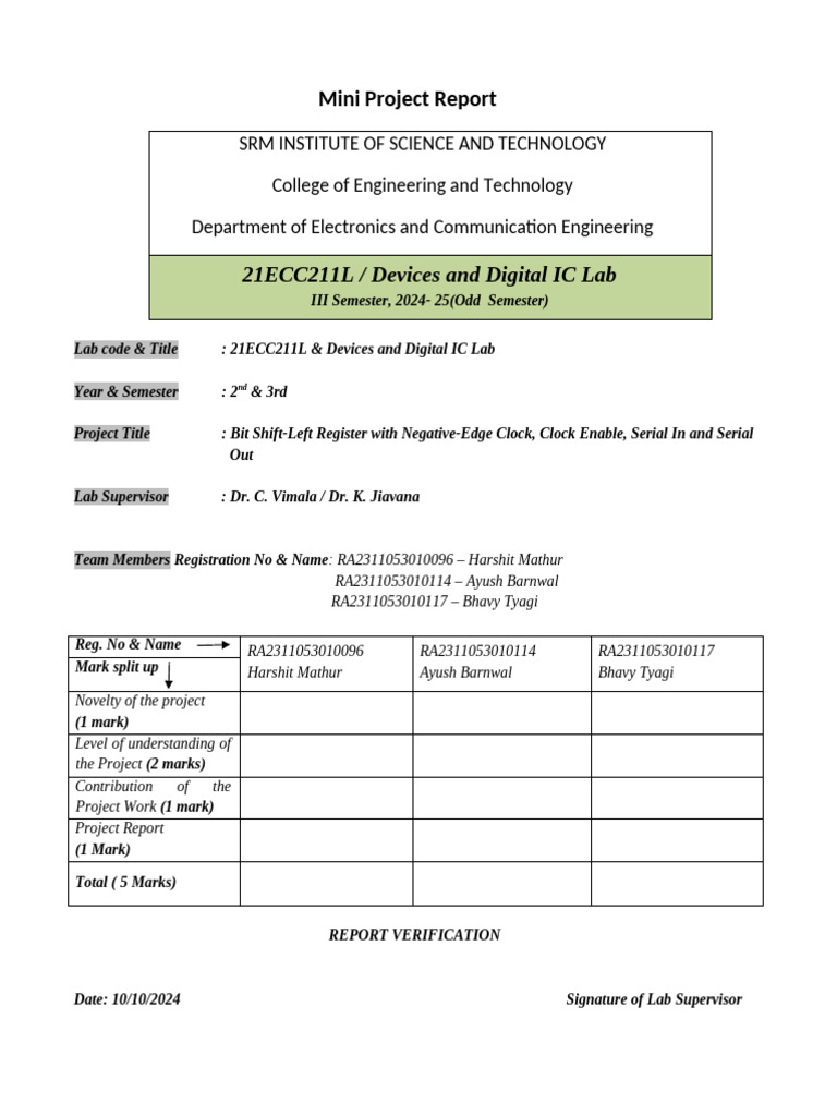 Mini Project Report Ic Lab Pdf Hardware Description Language