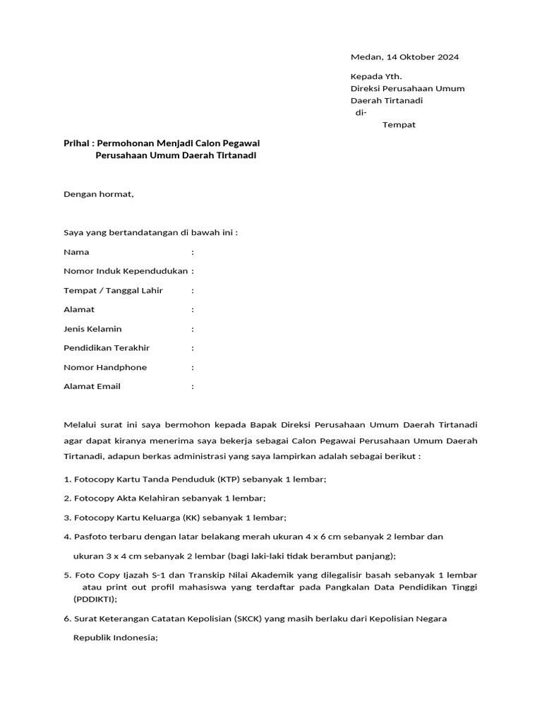 SURAT PERMOHONAN PDAM Tirtanadi | PDF