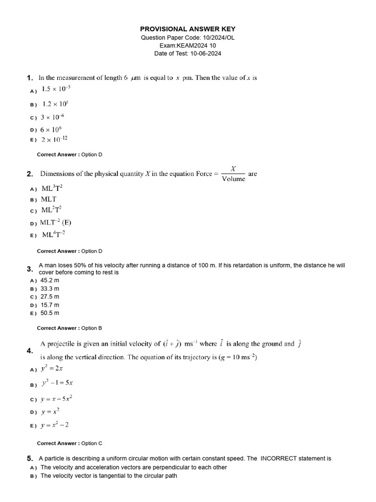 Provisional Answer Key: Option D | PDF | Acceleration | Force
