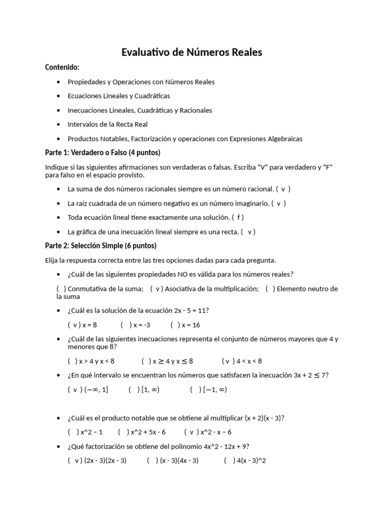 Evaluativo - Números Reales Juan Rojano | PDF | Ecuaciones | Linealidad