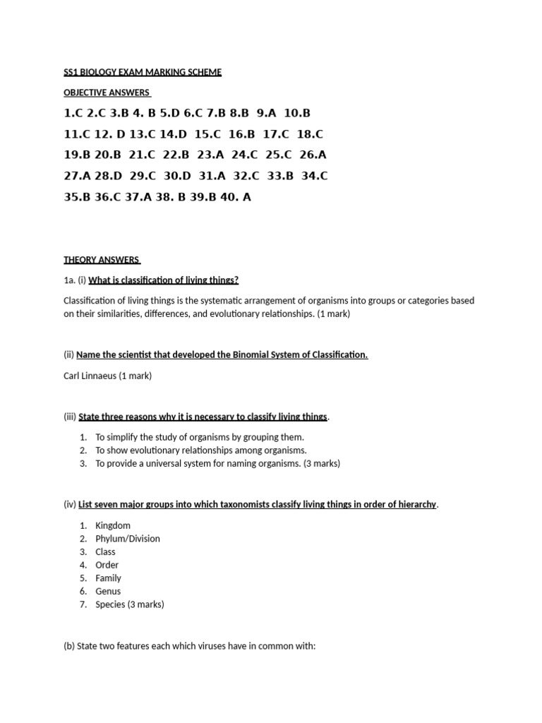 SS1 Biology Exam Marking Scheme First Term | PDF | Cell (Biology ...